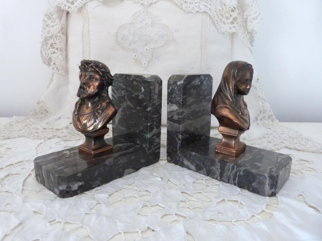 Antique French Religious Marble Book Ends W Jesus Christ W Holy Virgin ...