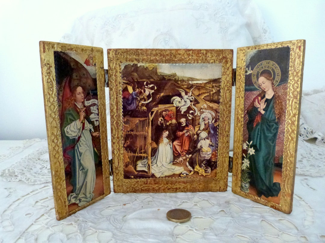 Antique Florentine Italian Triptych Madonna W Child Jesus Nativity Scene, Archangel Travel Icon ...