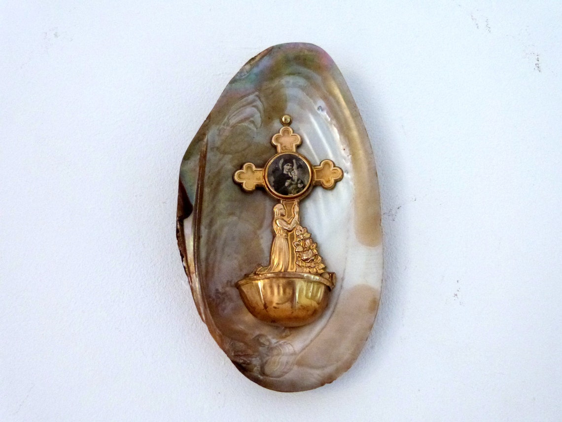 Holy Water Font Shell, Antique French Religious Ormolu Sculpture W ...