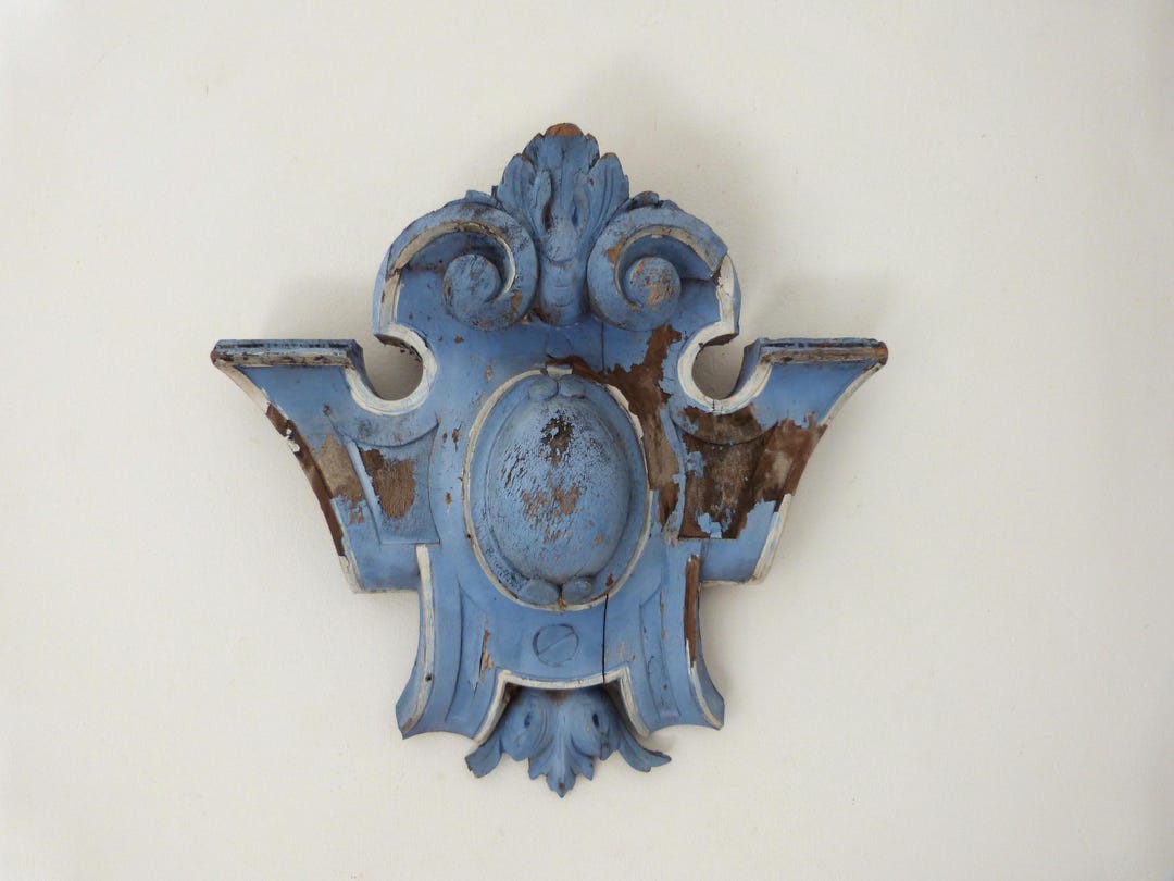 Large Antique French Pediment, Blue Chippy Painted Handcarved Wooden ...
