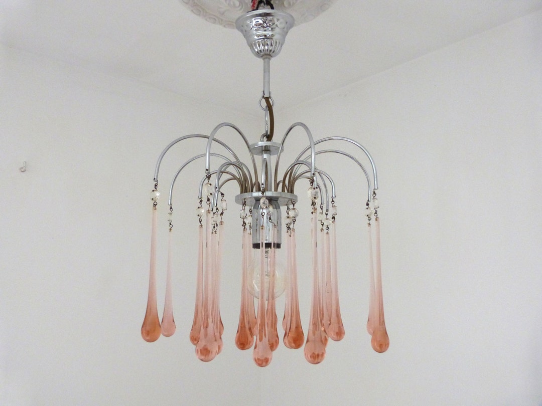 Vintage 1960s French Chrome Chandelier W Long Pink Glass Drops W ...