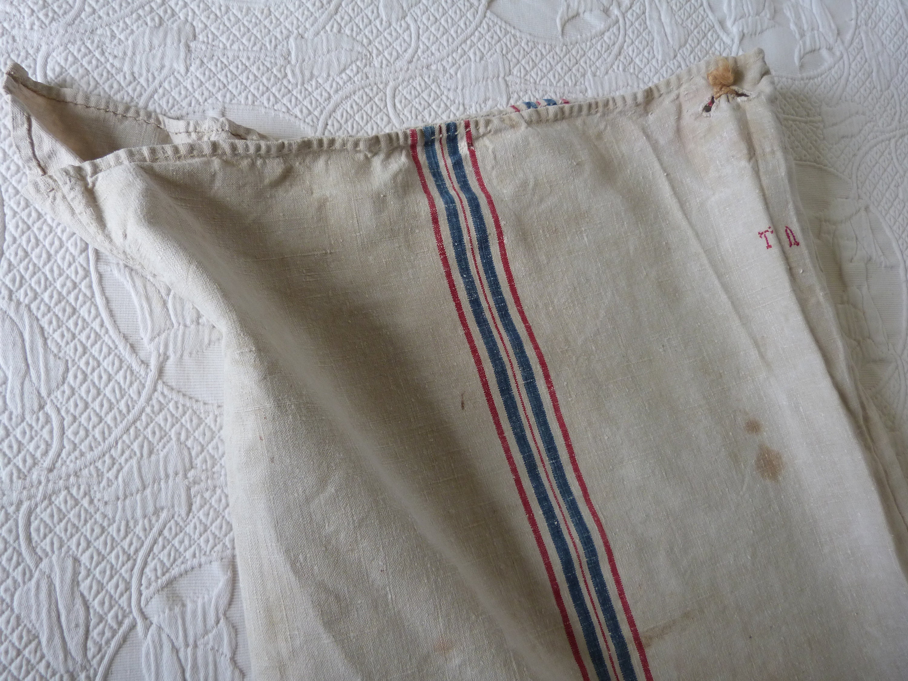 Antique French Striped Linen Grain Sack W Red Blue Stripes Hand ...