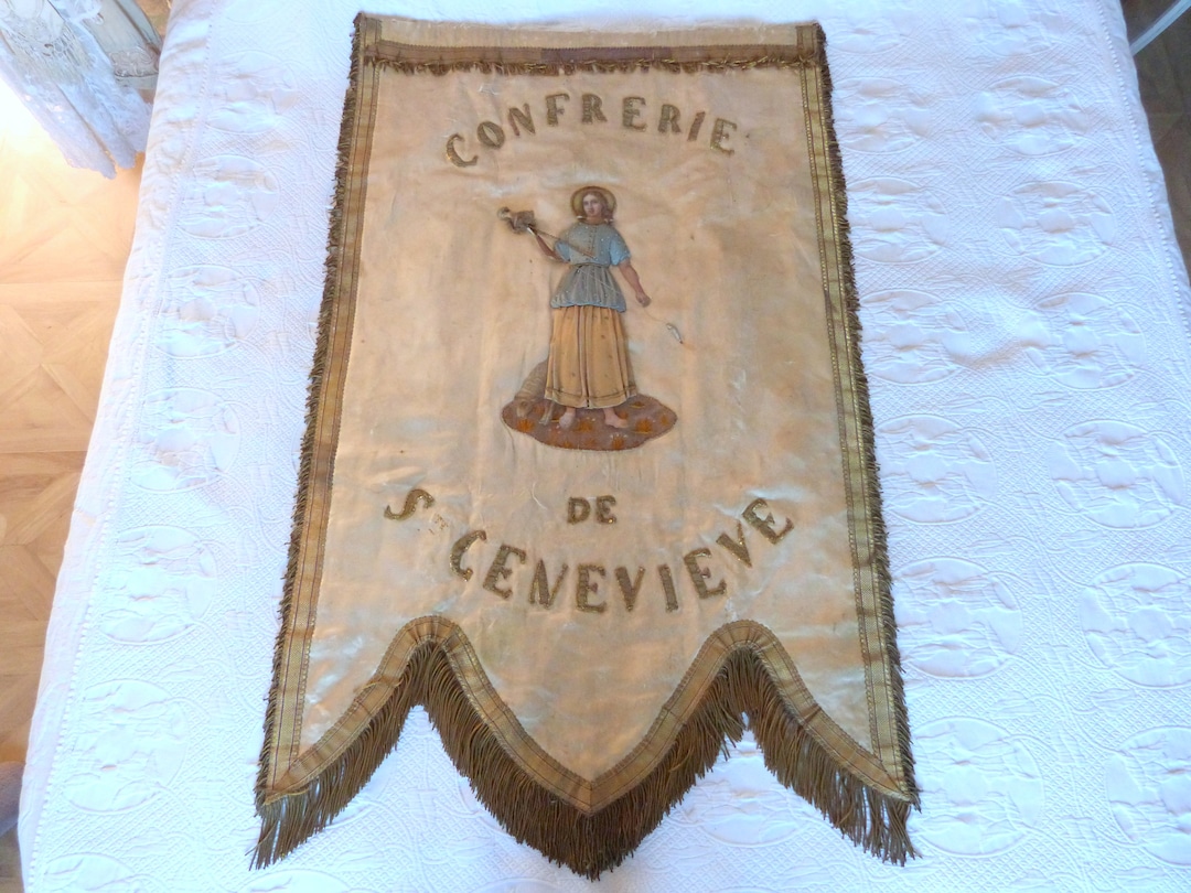 Antique French Religious Silk Reversible Banner Sainte Genevieve ...