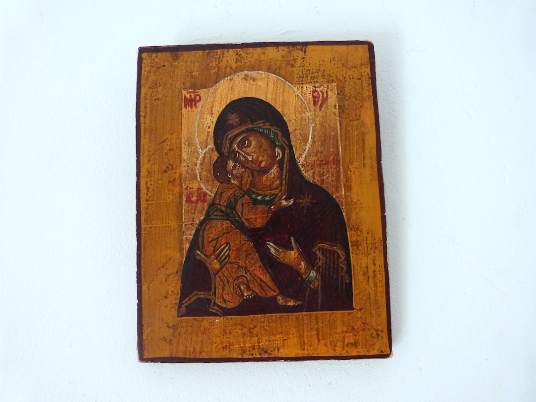 Antique Religious Orthodox Icon W Handpainted Madonna W Child Jesus on ...