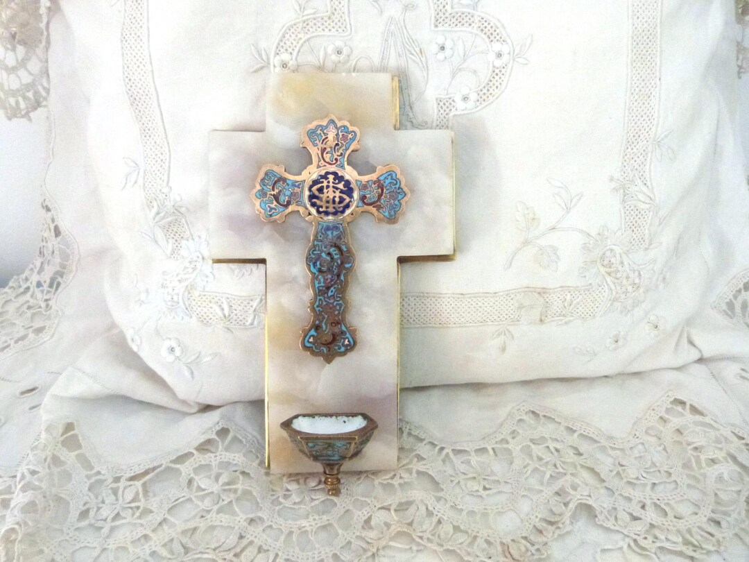 Antique Holy Water Font 1900s French Religious Font Enameled Cloisonnee ...