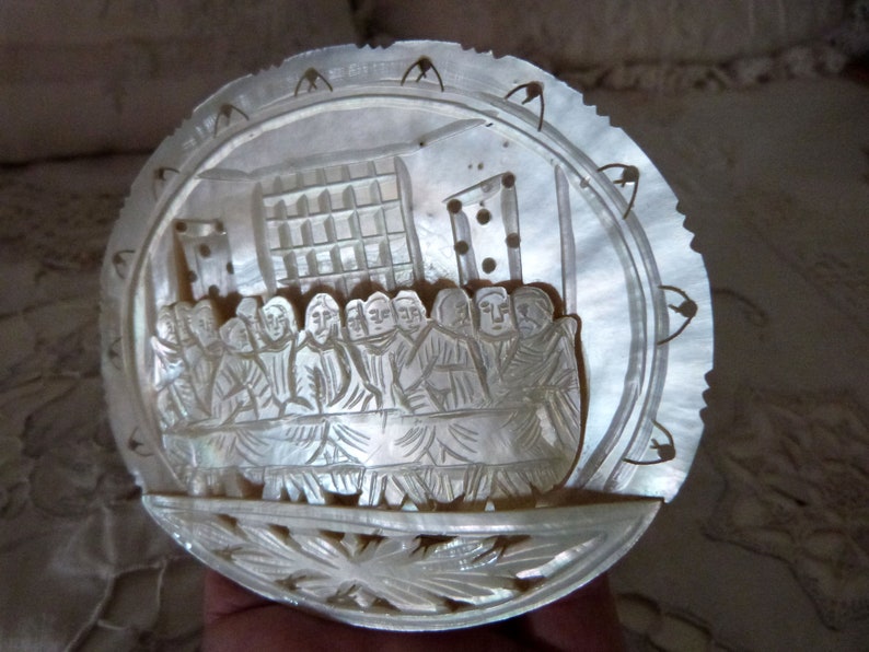 Last Supper Shell Art, Antique Religious Devotional Sculptured Mother ...