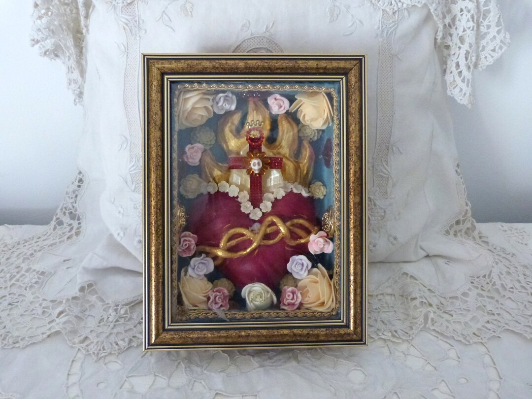 Vintage French Handmade Religious Icon Relic Shrine Frame Shadow Box W ...