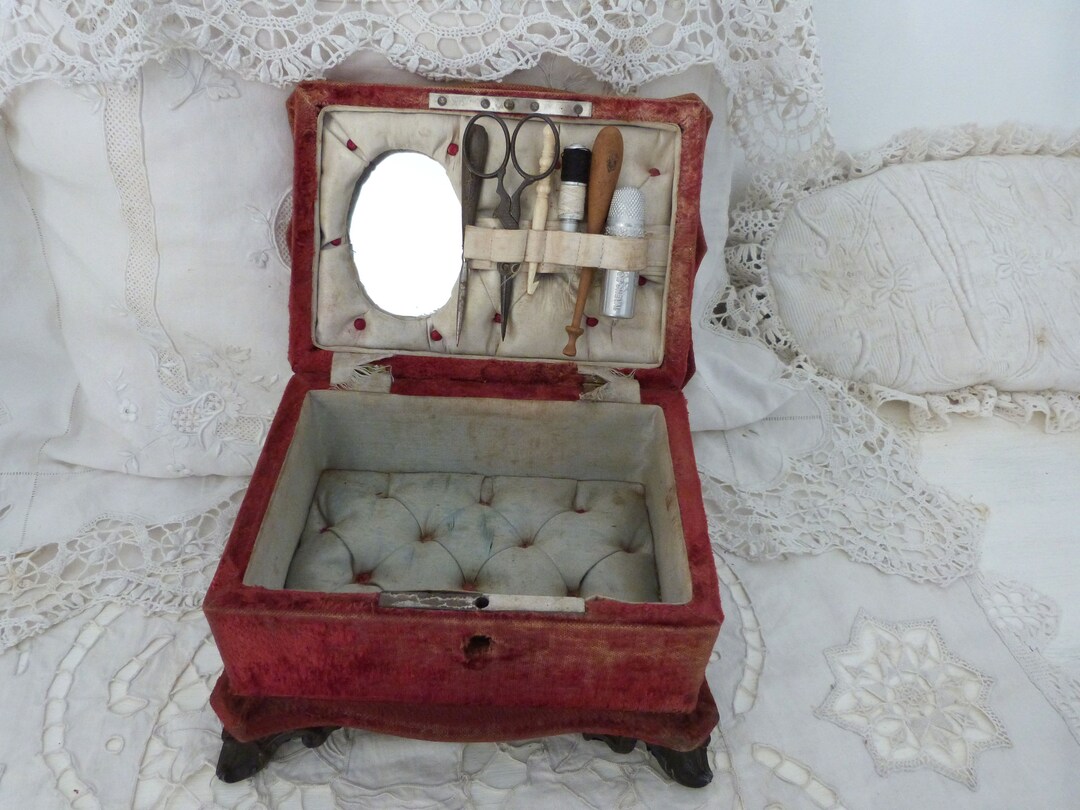 Antique Velvet Wooden Sewing Box Rare 1800s French Jewelry Trinket Box ...