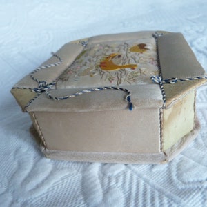 Antique French Hand Embroidered Silk Box W Ducks, Beads, Sewing ...