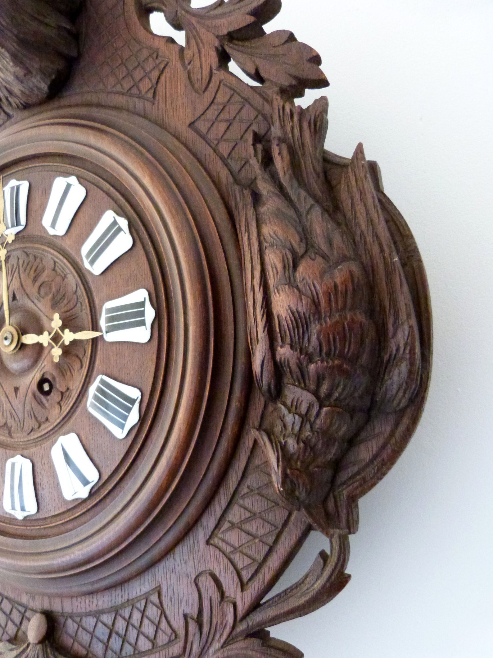 Antique Black Forest Wooden Wall Clock W Hand Carved 3D Pheasant Birds ...