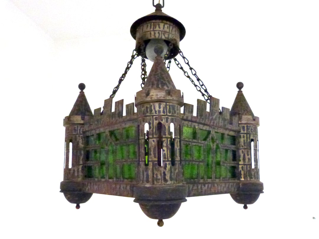 Antique French Green Leaded Glass Castle Chateau Lantern Chandelier ...