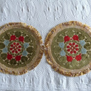Pair Vintage French Doily Table Runner Handmade Green Red Floral ...