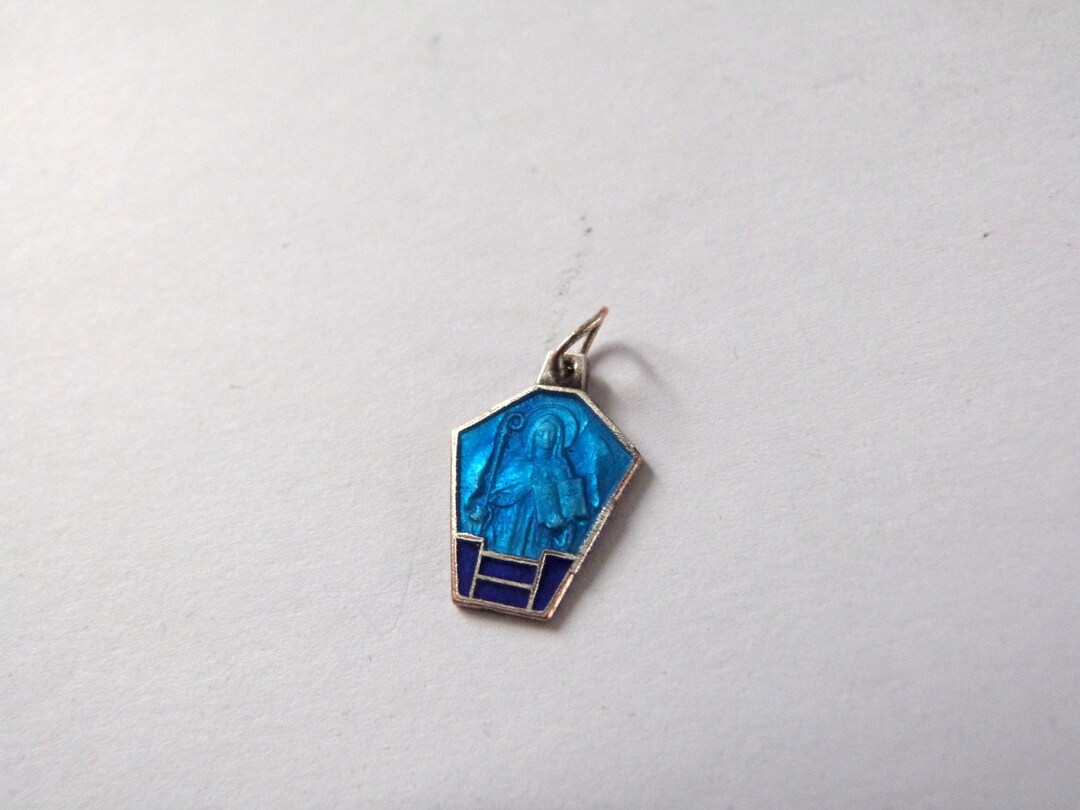 Antique French Religious Blue Enamel Miraculous Medal W Saint Odile, RARE Blue Necklace Pendant ...