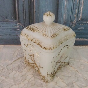 Antique French Milk Glass Candy Pot Box Jar Canister W Painted Floral ...