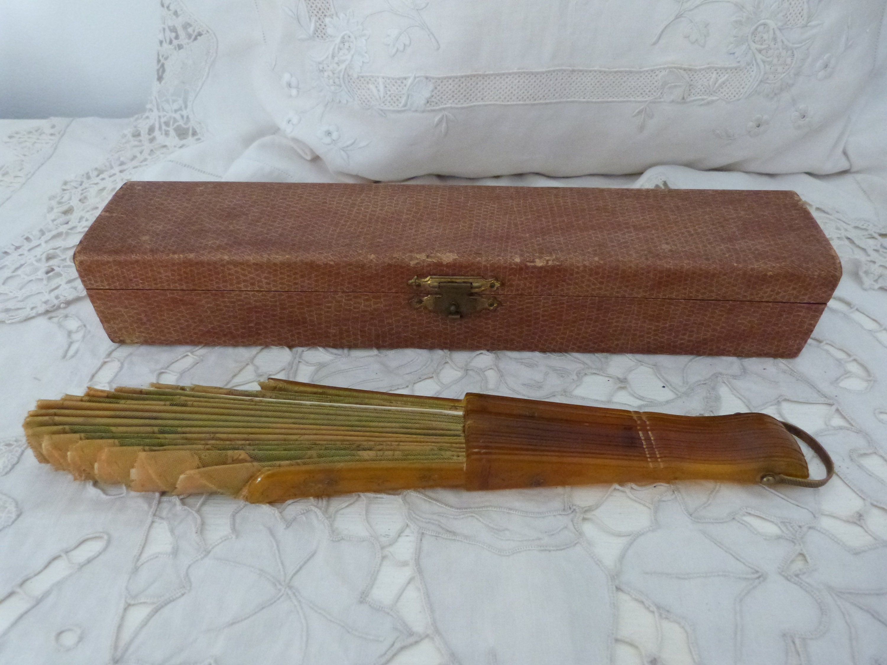 Antique Hand Painted Hand Fan in Box, 1900s Folding Fan W Gold Sequins ...