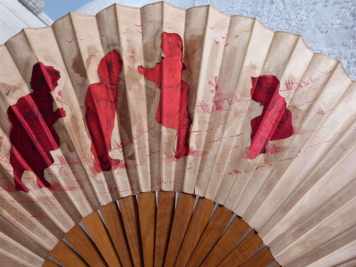 Antique Hand Fan 1900s Folding Fan W Red Silk Silhouettes of Children W ...