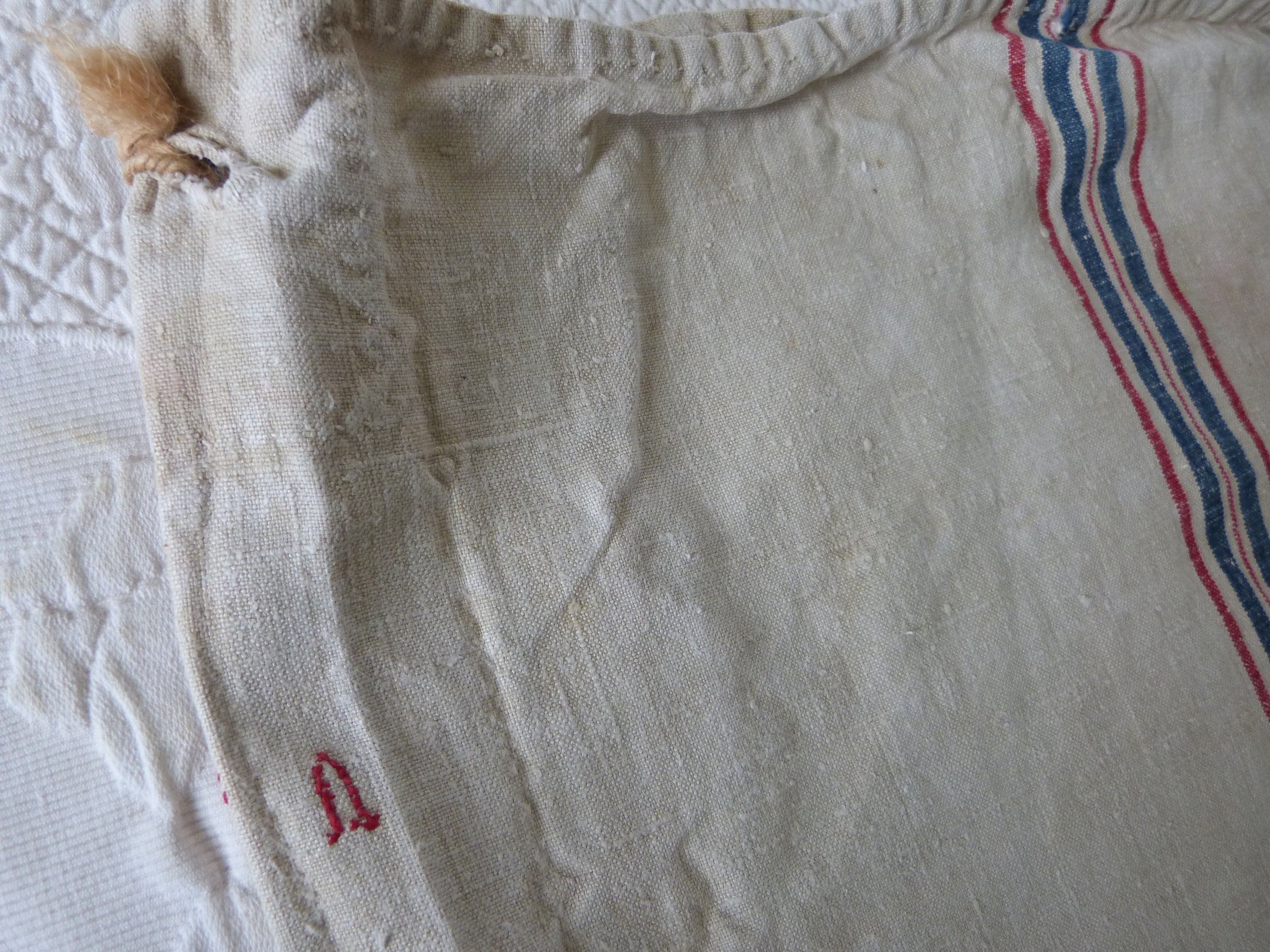 Antique French Striped Linen Grain Sack W Red Blue Stripes Hand ...