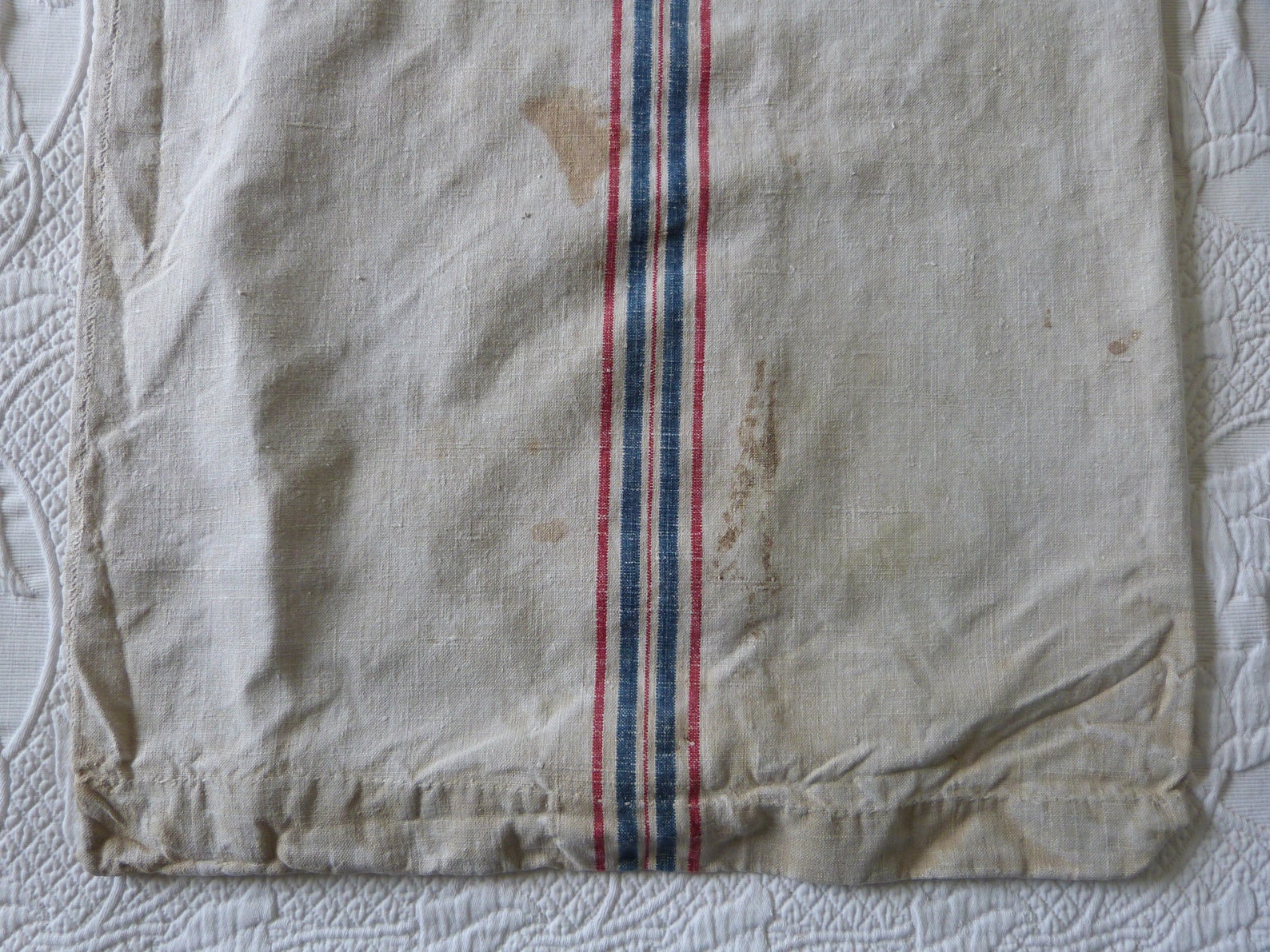 Antique French Striped Linen Grain Sack W Red Blue Stripes Hand ...