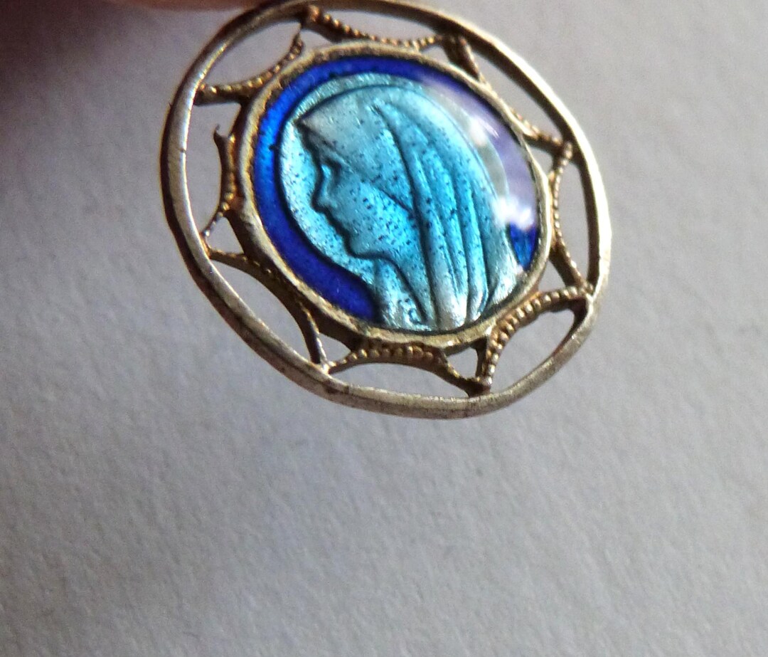 Antique French Religious Blue Enamel Miraculous Medal Holy Virgin Mary Our Lady of Lourdes ...