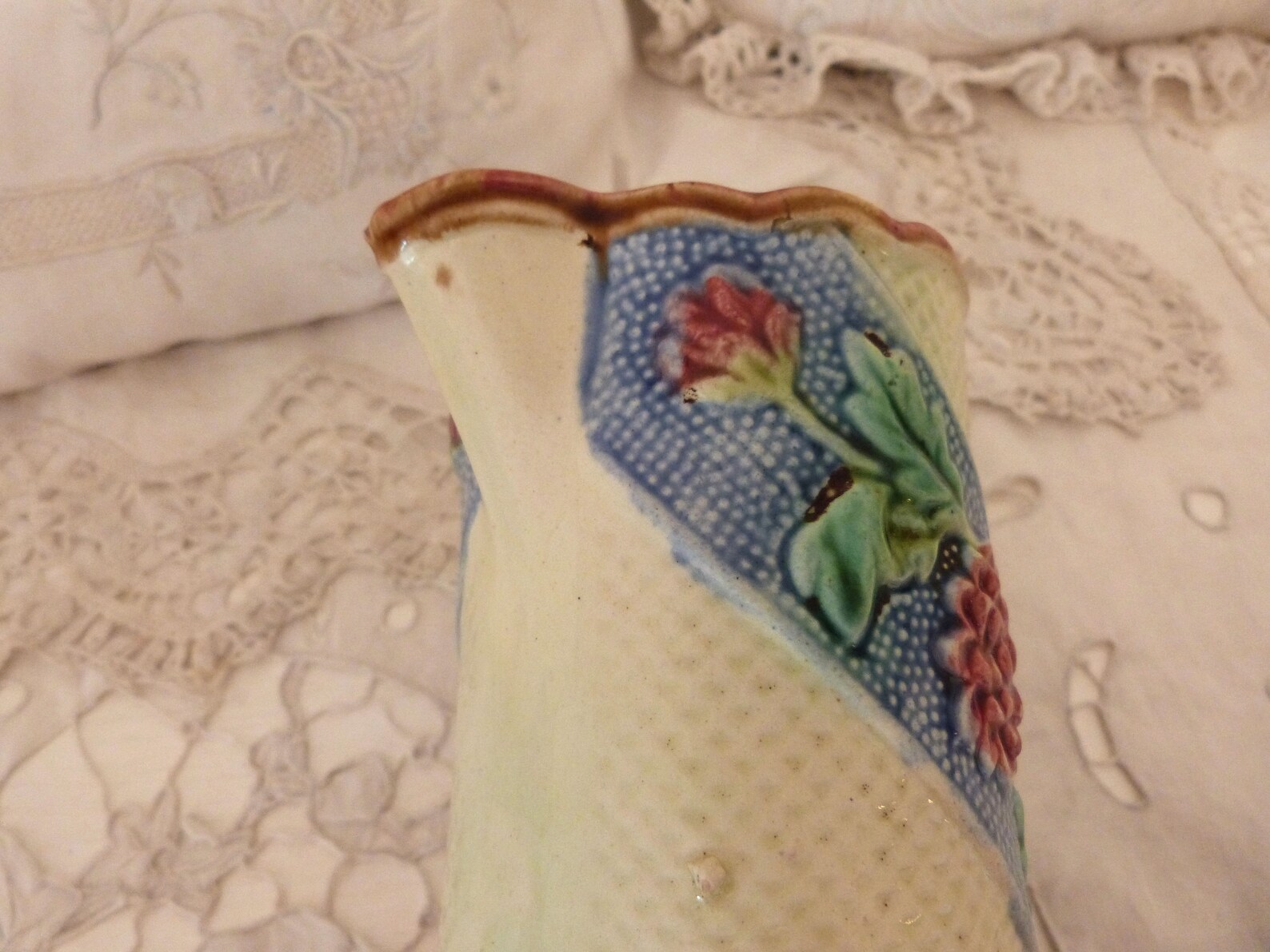 Antique French Majolica Barbotine Pitcher Milk Jug Creamer W Floral ...