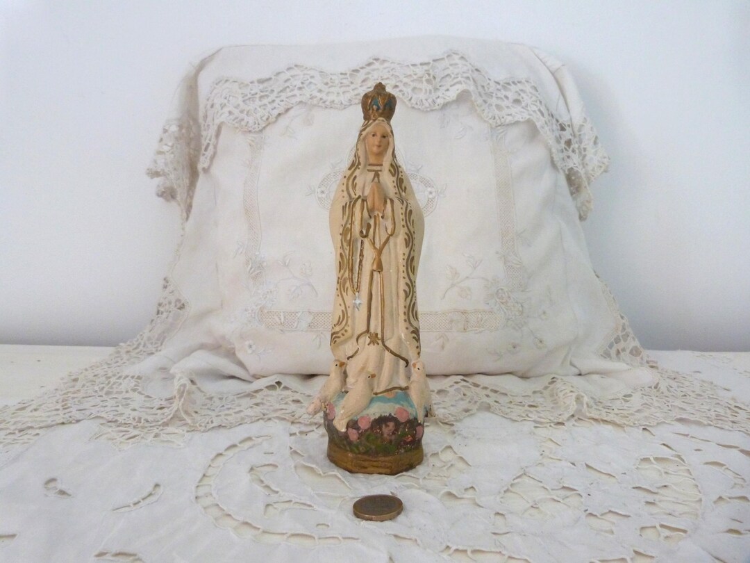 Antique French Religious Our Lady of Fatima Painted Plaster Statue ...