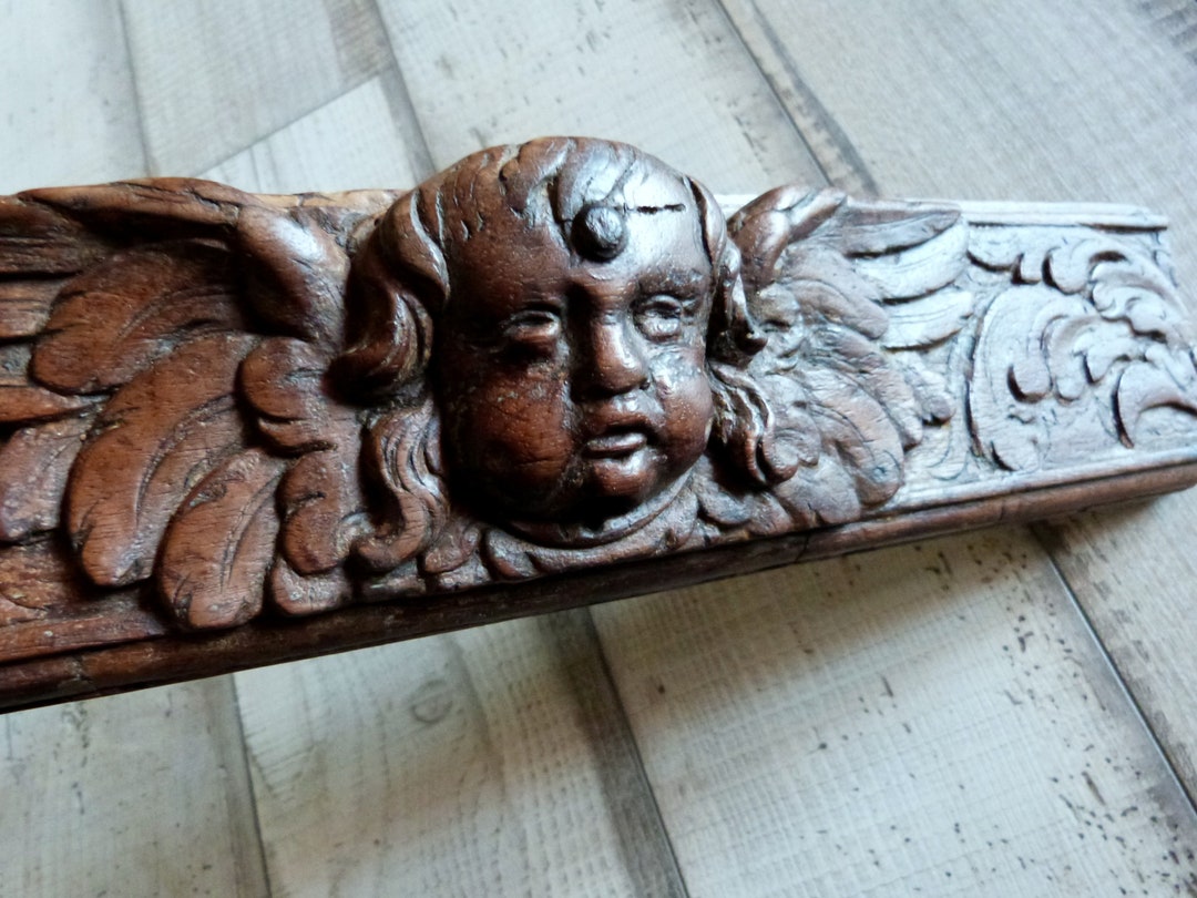 Antique French 1800s Hand Carved Wooden Winged Angel Cherub Bas Relief ...