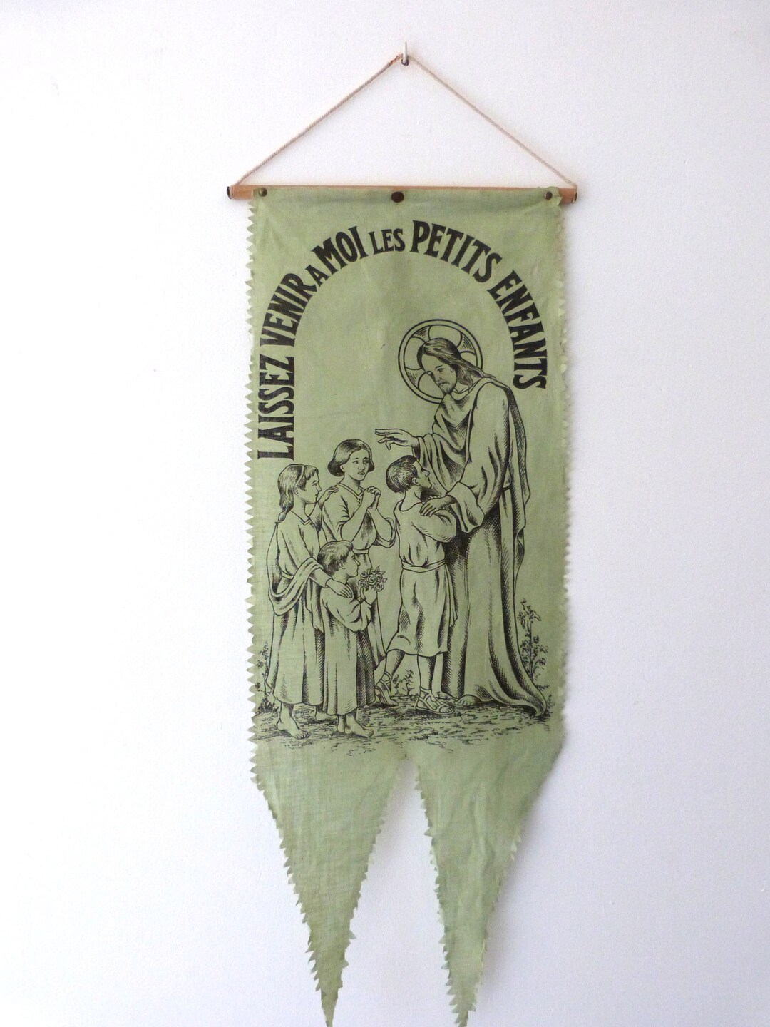Antique French Religious Banner W Jesus Christ W Children, Green ...