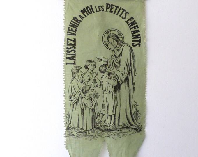 Antique French Religious Banner W Jesus Christ W Children, Green ...