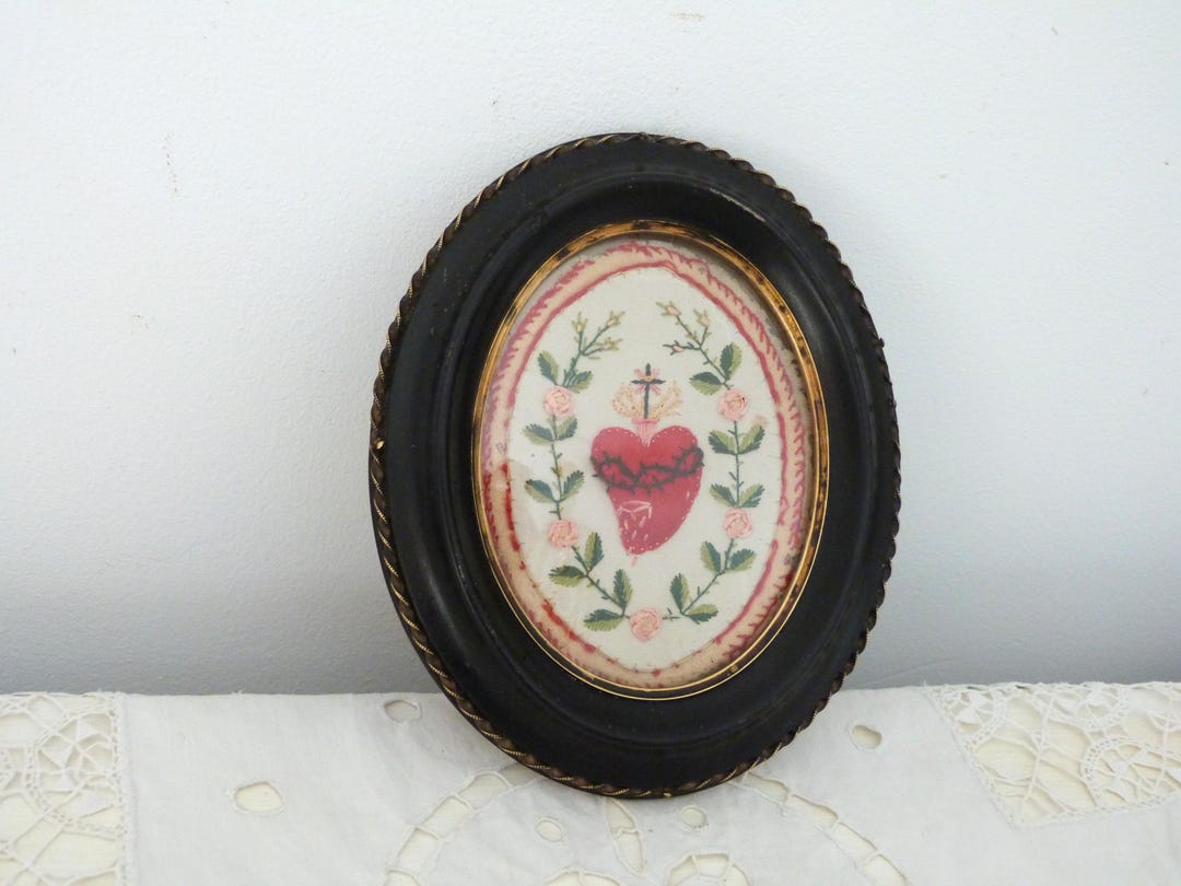Antique French Religious Framed Hand Embroidered Felt Reliquary ...
