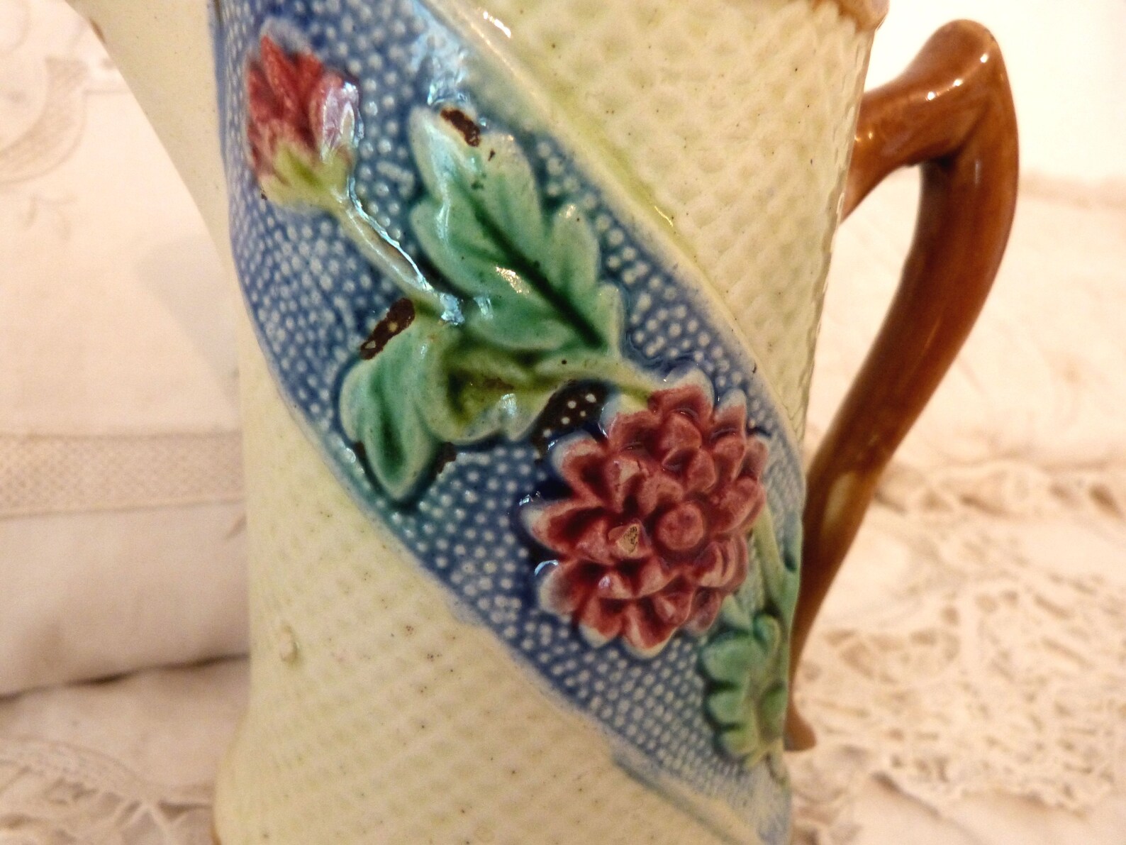 Antique French Majolica Barbotine Pitcher Milk Jug Creamer W Floral ...