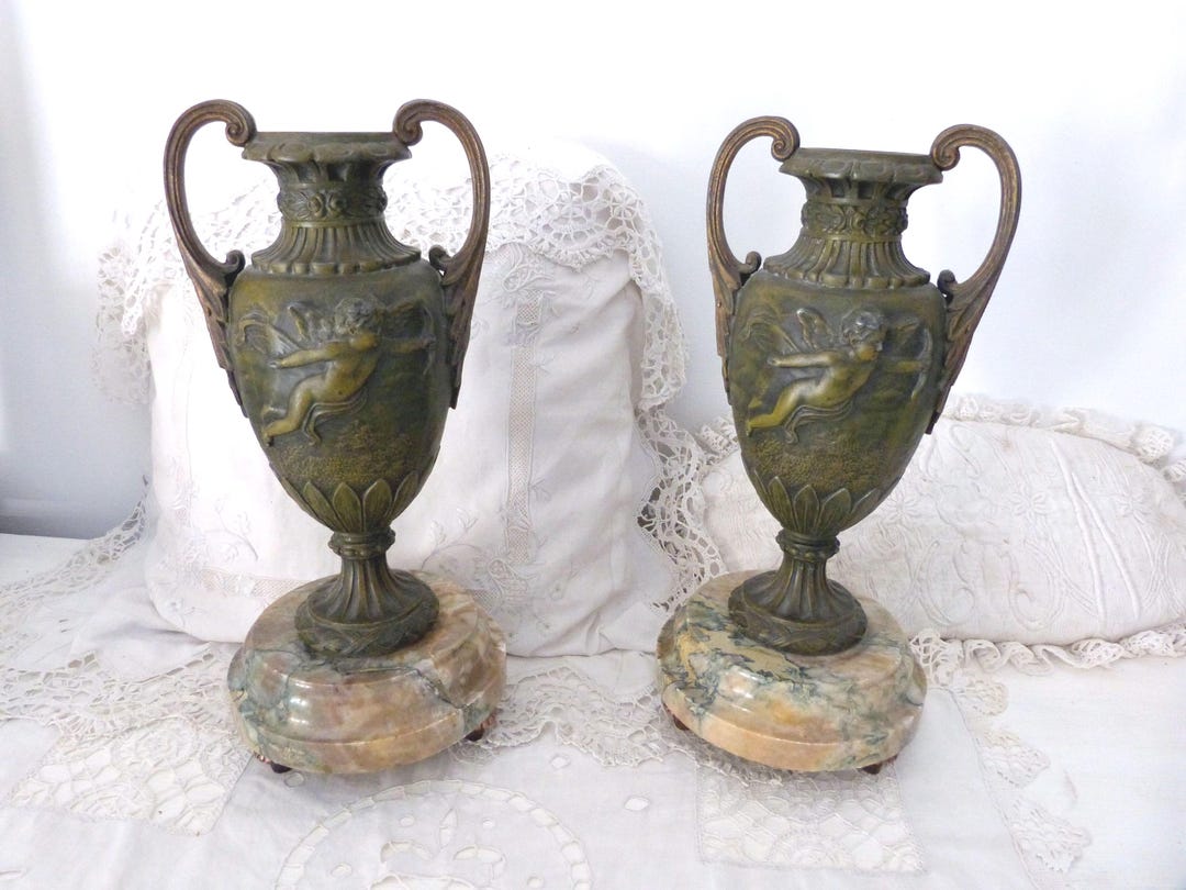 Pair Antique French Vases Rare 1800s Chateau Figural Ornate Chimney or ...