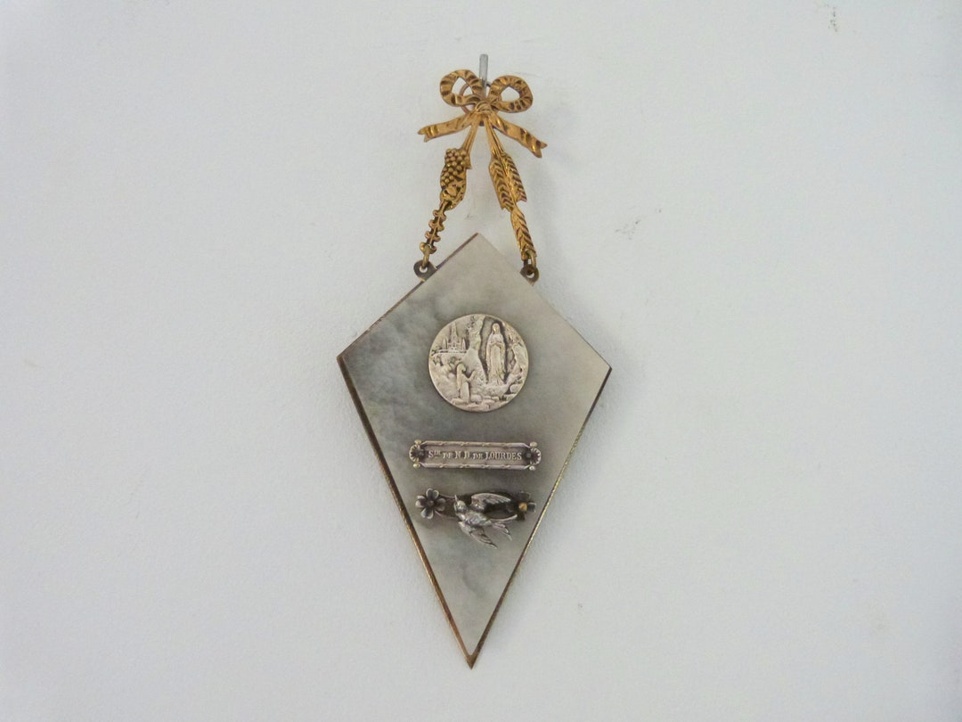 Antique French Marble Rosary Wall Hanger Frame W Holy Spirit Dove of ...