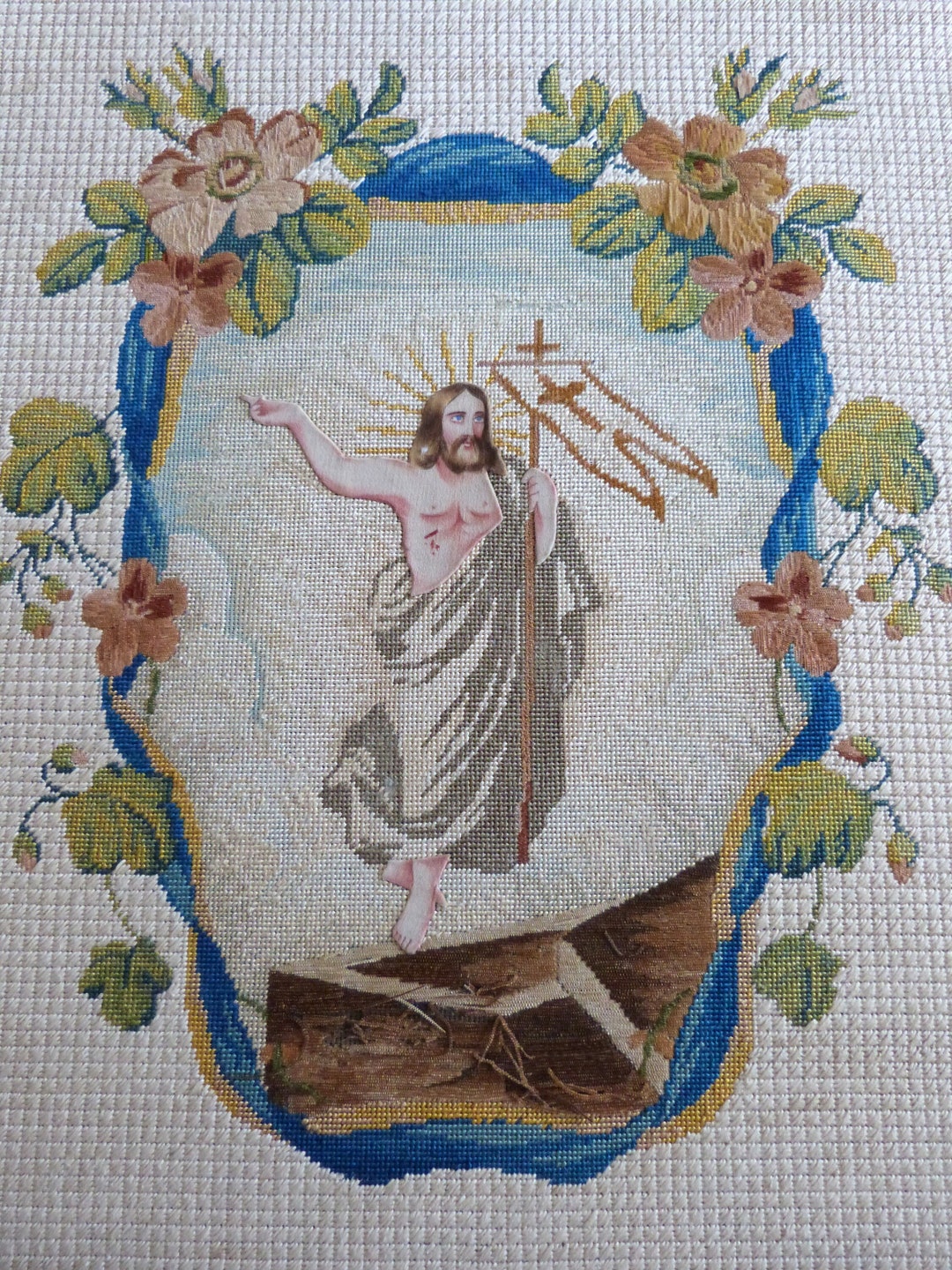 Antique French 1800s Resurrection of Jesus Needlepoint W Felt Wall ...