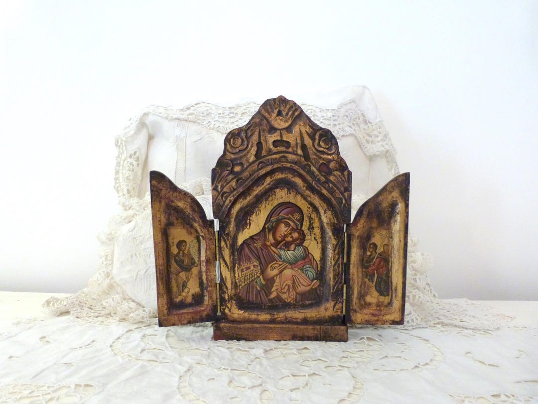 Antique Orthodox Triptych W Madonna W Child Jesus, Saints, Painted ...