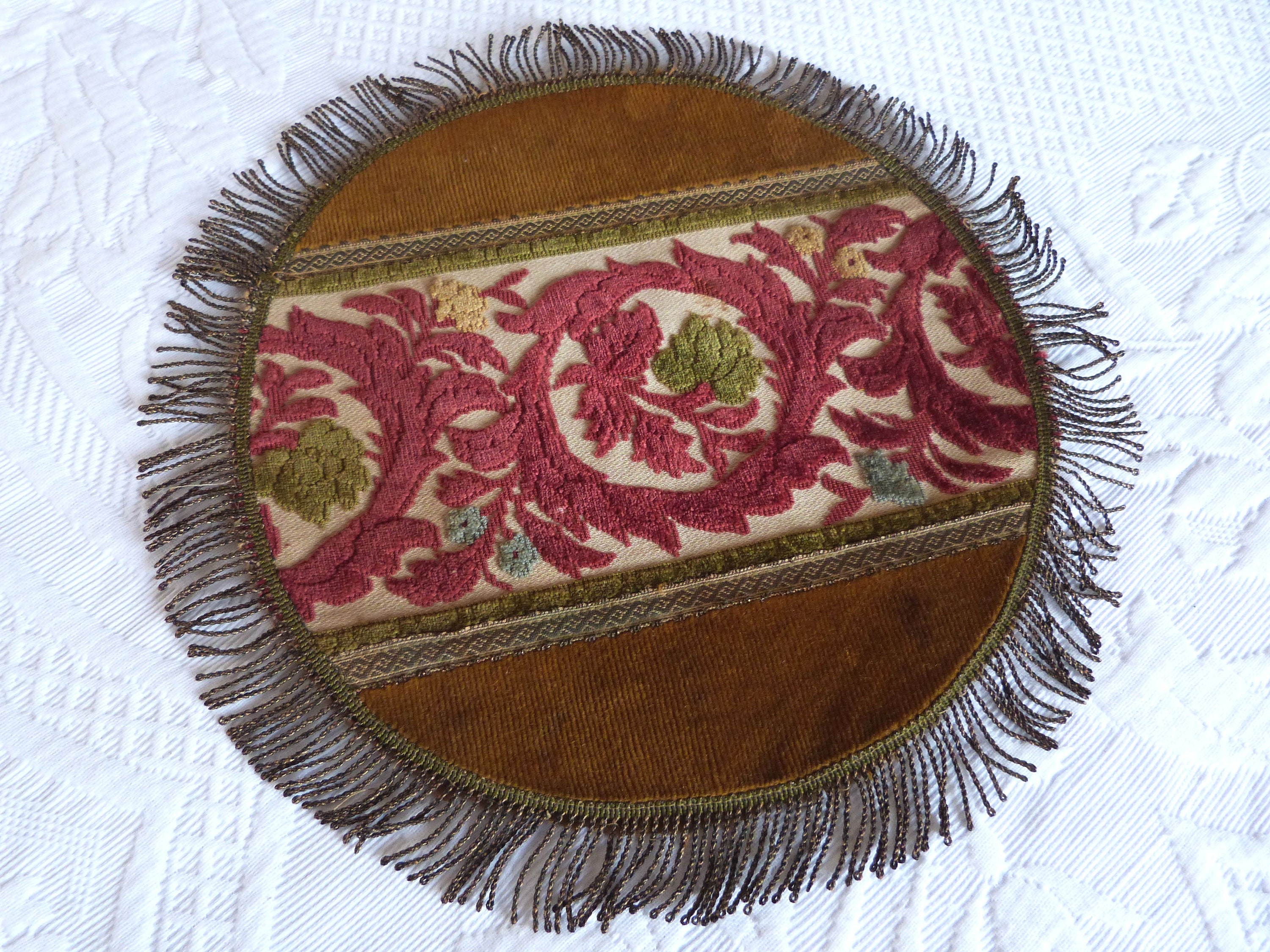 Antique French round doily table cloth handmade w velvet | Etsy