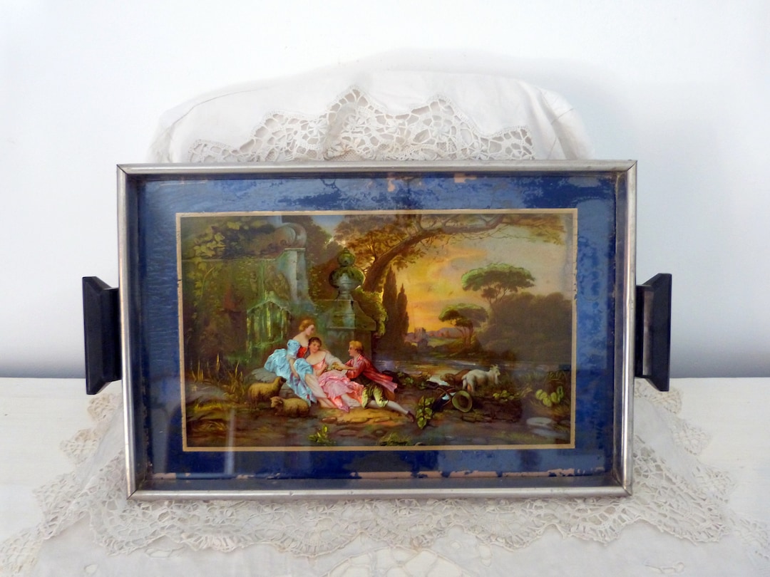 Rare Antique French Serving Tray Stand W Glass Cover, Foil Paper, Print ...