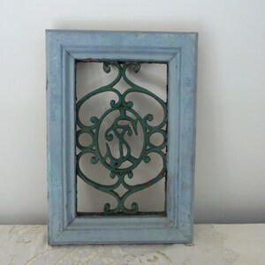 Big Antique French Wrought Iron W Wooden Frame Monogrammed Window Door Grille, Rustic Vintage ...