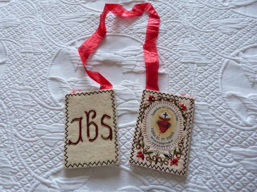 Antique Religious Handmade Reliquary Scapular Relic Sacred Heart W ...