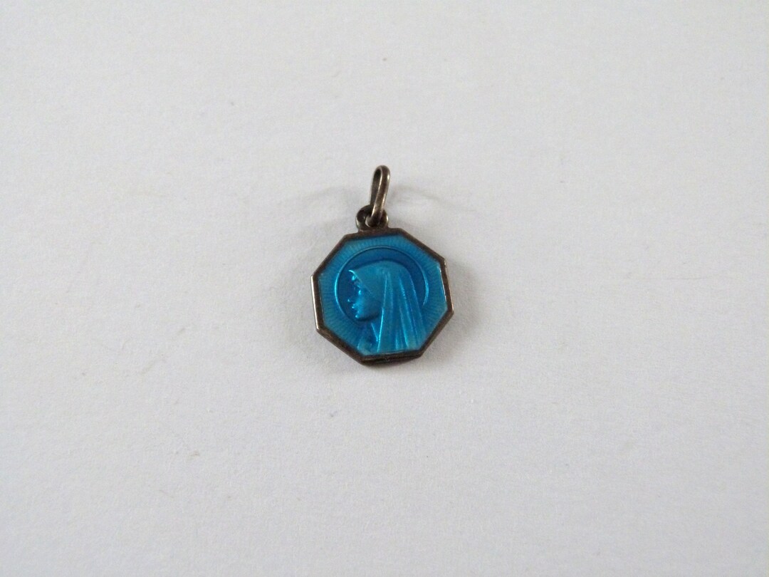Antique French Religious Blue Enamel Miraculous Medal Holy Virgin Mary Our Lady of Lourdes ...