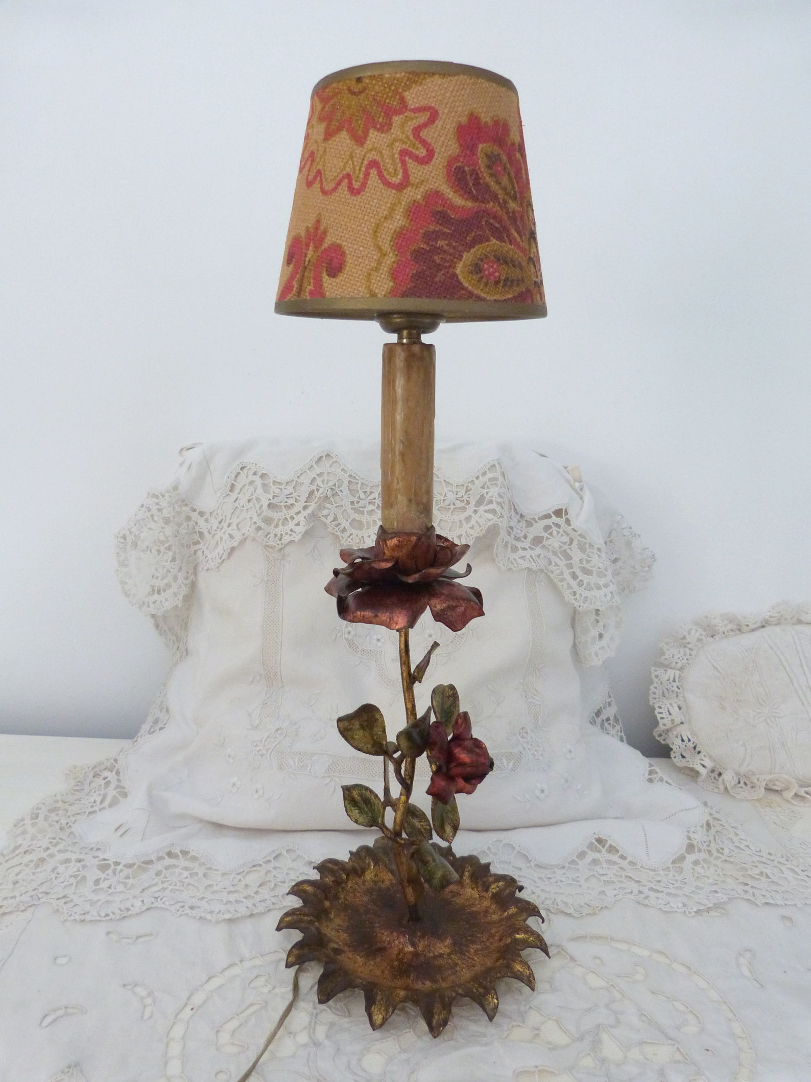 Antique French Floral Toleware Table Desk Lamp Lighting W Roses on ...