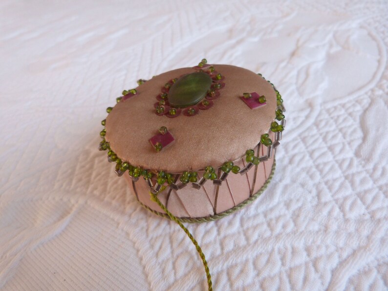 Vintage French Handmade Silk Round Box W Glass Beads, 1940s Sewing ...