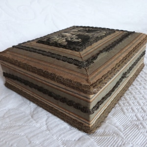 Antique French Fabric Covered Box W Signed Print on Silk W Gold ...