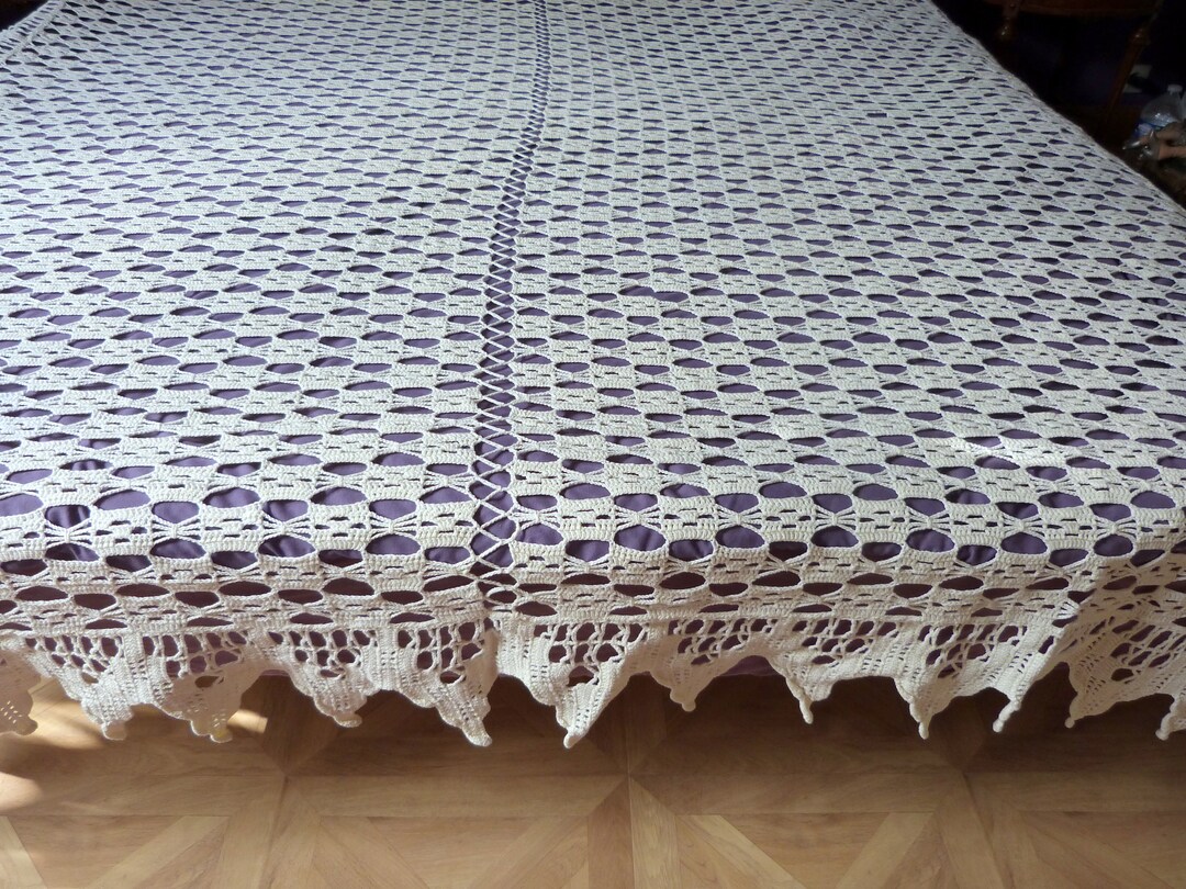 Vintage Hand Crocheted Bedspread Afghan Blanket Handmade French Crochet ...