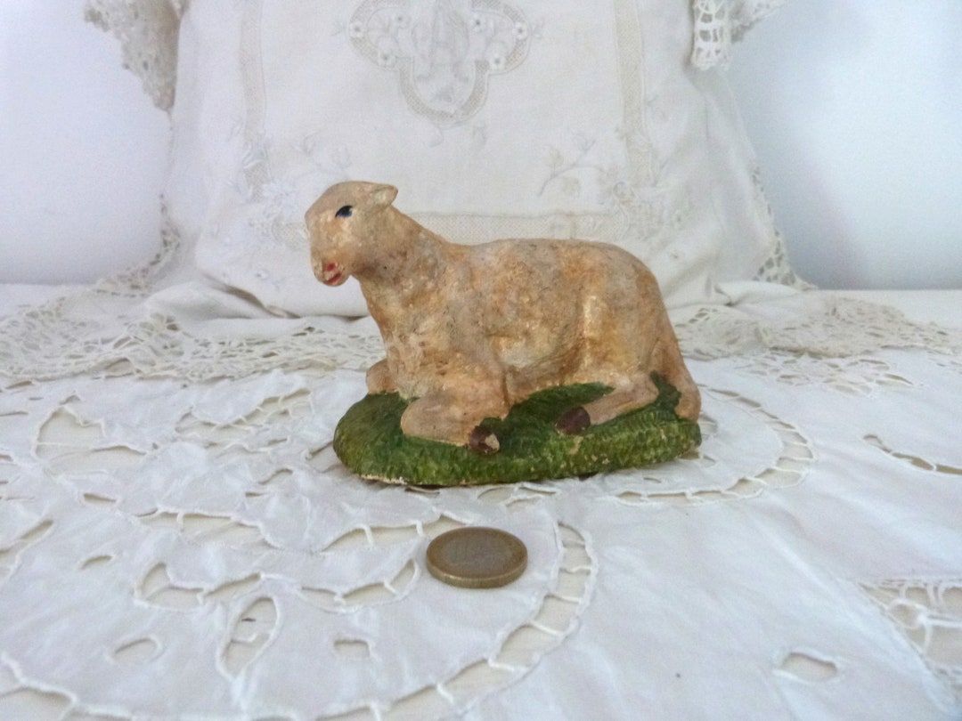 LARGE 1900 Handpainted Sheep Agnus Dei Nativity Creche Antique French ...