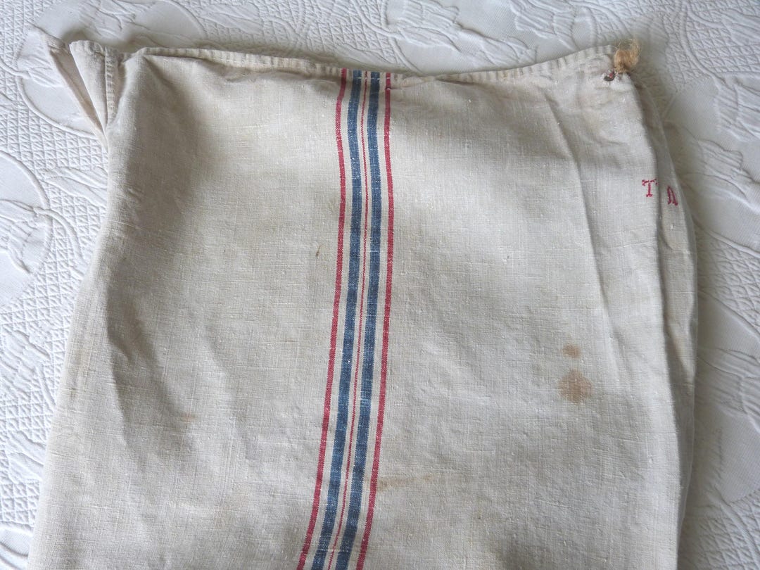 Antique French Striped Linen Grain Sack W Red Blue Stripes Hand ...