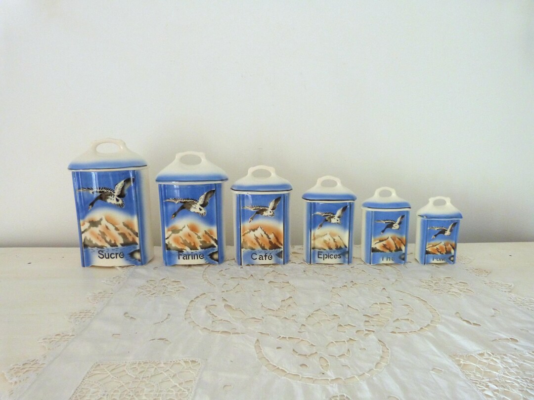 Vintage Ceramic Canister Set 6 Container Spice Tea Pots W Lids, Bird ...