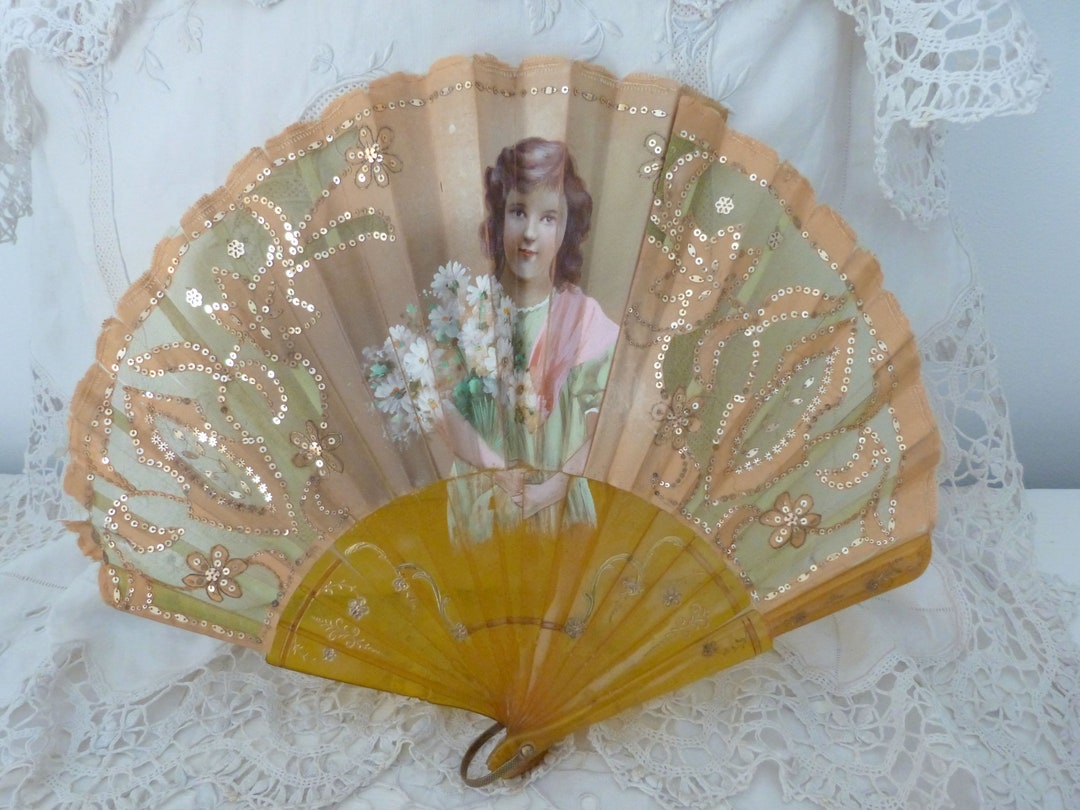 Antique Hand Painted Hand Fan in Box, 1900s Folding Fan W Gold Sequins ...