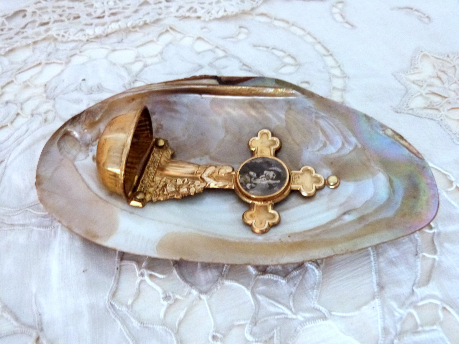 Holy Water Font Shell, Antique French Religious Ormolu Sculpture W ...