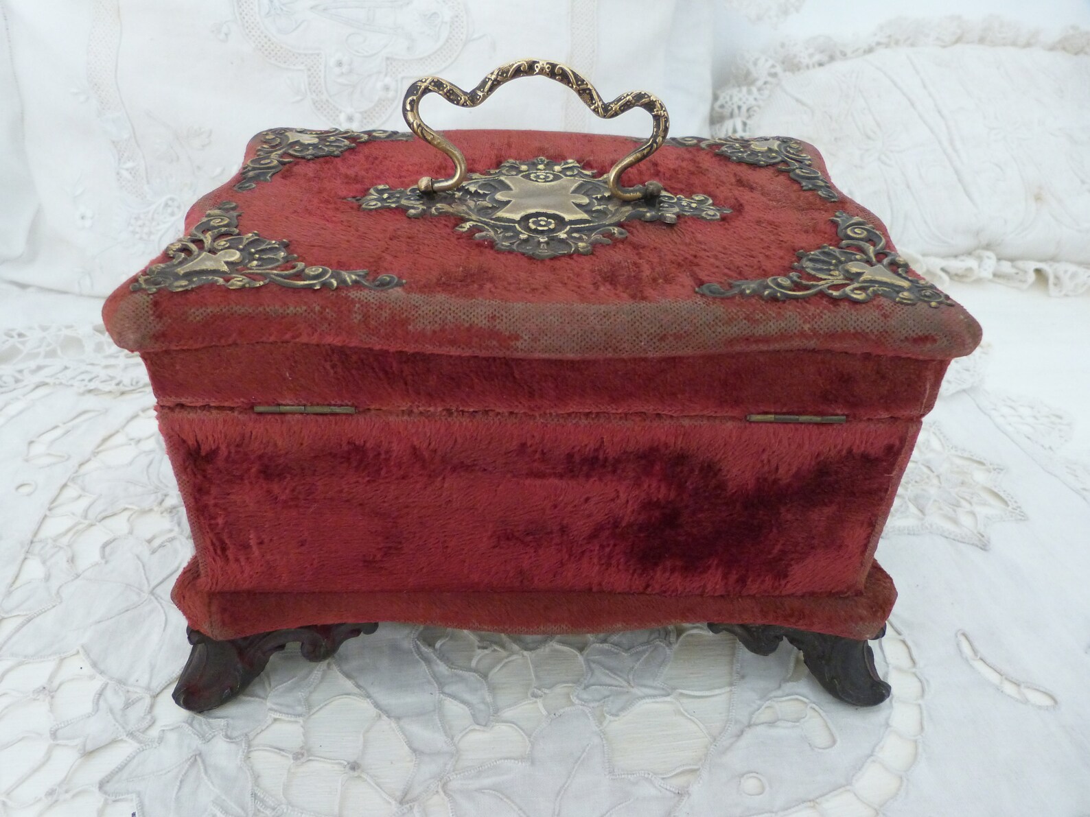 Antique Velvet Wooden Sewing Box Rare 1800s French Jewelry Trinket Box ...