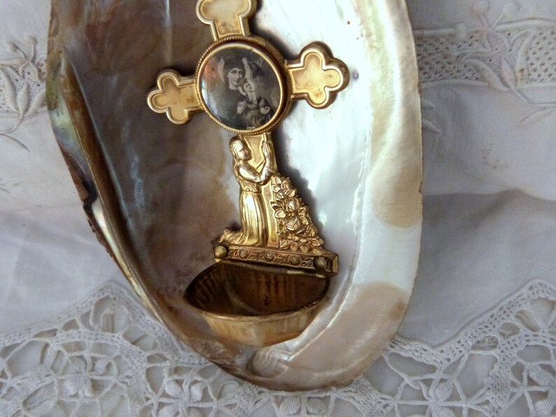 Holy Water Font Shell, Antique French Religious Ormolu Sculpture W ...